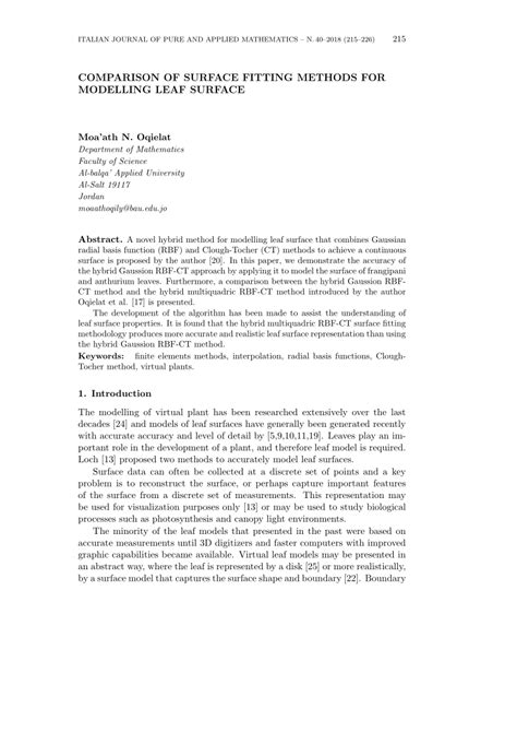 Pdf Comparison Of Surface Fitting Methods For Modelling Leaf Surface