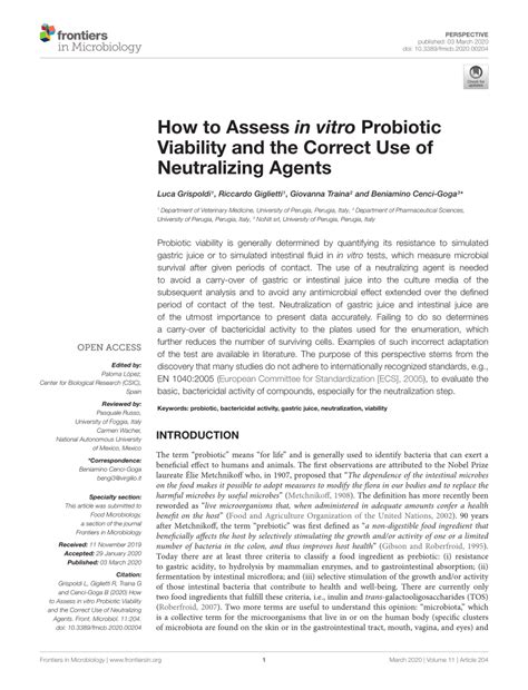 Pdf How To Assess In Vitro Probiotic Viability And The Correct Use Of Neutralizing Agents