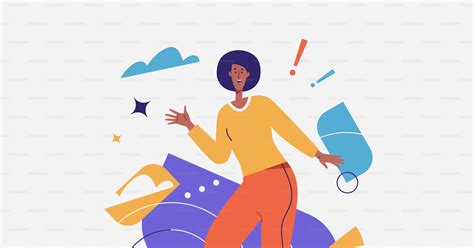 웃고 쾌활한 젊은 여자의 벡터 일러스트 레이 션은 감정을 표현합니다 편집 가능한 획 전역 색상 견본 벡터 Unsplash의 점프 이미지