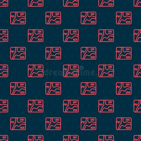 Red Line Topographic Map With Route And Coordinates Icon Isolated Seamless Pattern On Black