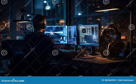System Administrator Hacker Computer Scientist Gamer At His Workplace In The Office Stock