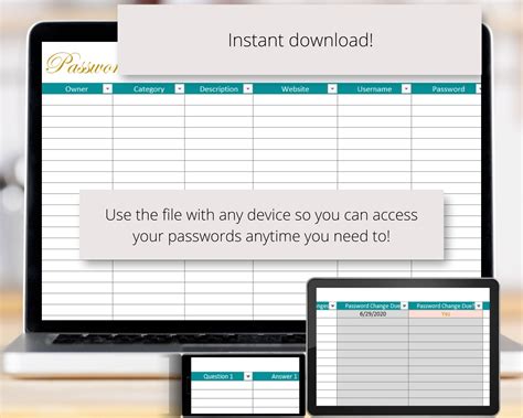 Password Tracker Excel Spreadsheet Organize Your Accounts Etsy