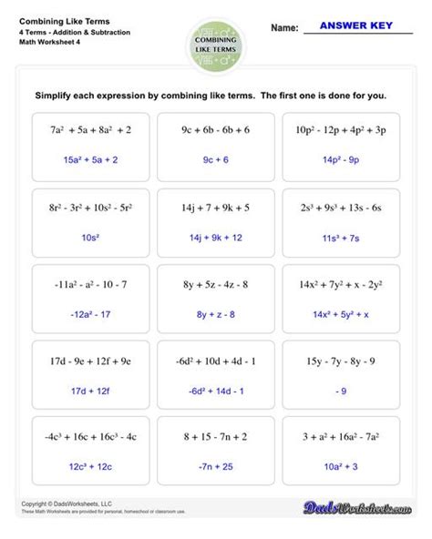 Combining Like Terms Worksheets