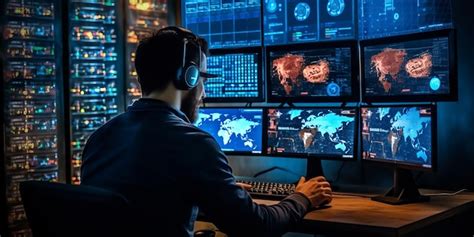Premium Ai Image A Cybersecurity Professional Working On Multiple Monitors Displaying Various