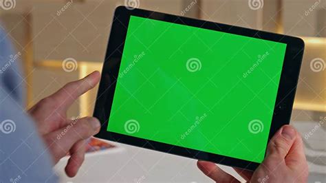 Ceo Hand Touching Chroma Key Tablet Checking Work Project At Work Desk