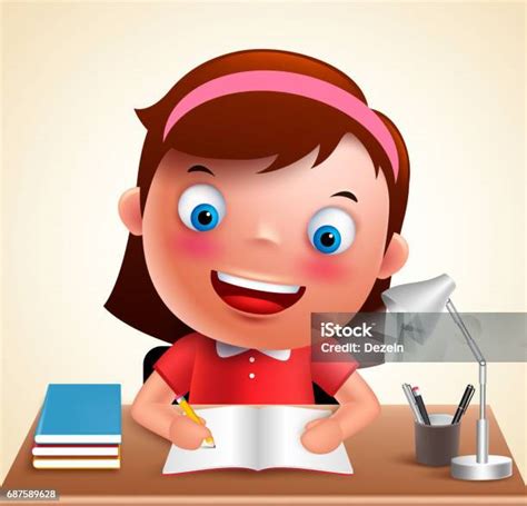 학교 숙제를하는 책상에서 공부하는 소녀 아이 벡터 문자 3차원 형태에 대한 스톡 벡터 아트 및 기타 이미지 3차원 형태 고등학교 이하 공부 Istock
