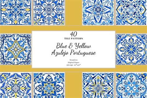 Watercolor Portuguese Tiles Blue And Yellow Azulejo