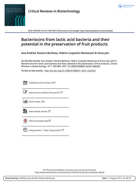 Pdf Bacteriocins From Lactic Acid Bacteria And Their Potential In The Preservation Of Fruit