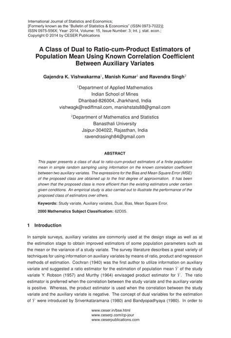 Pdf A Class Of Dual To Ratio Cum Product Estimators Of Population Mean Using Known Correlation