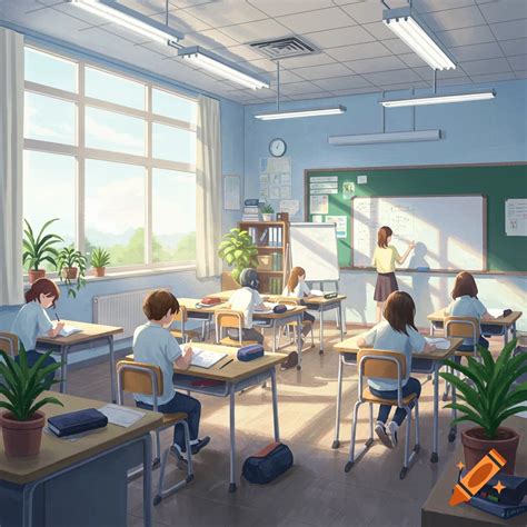 Anime Style Depiction Of Students Hiding Under Desks In A Classroom