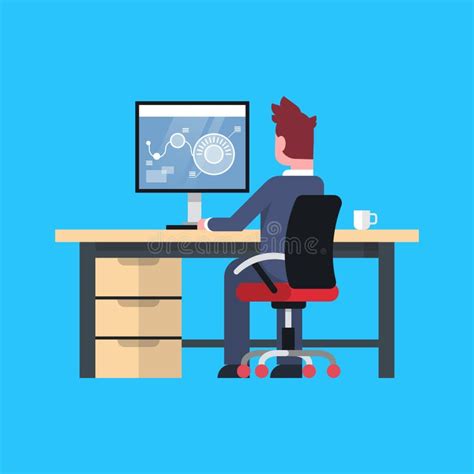 Business Man Sit At Office Desk Working At Computer Male Businessman Back Rear View Stock Vector