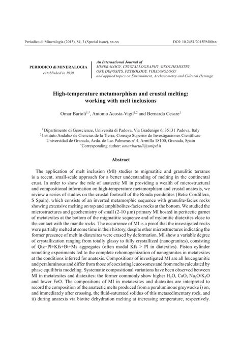 Pdf High Temperature Metamorphism And Crustal Melting Working With Melt Inclusions