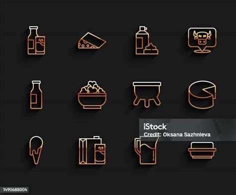 와플 콘에 라인 아이스크림 우유 종이 패키지 병 및 유리 우유 주전자 투수 버터 버터 접시 코티지 치즈 치즈 및 유방 아이콘을