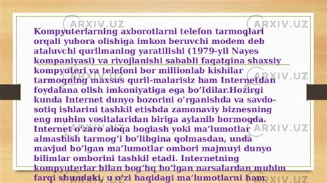 Internet Tarmogʻi Va Uning Rivojlanish Tarixi Informatika Va At Internet Tarmogʻi Va Uning Rivojlanish Tarixi Informatika Va At