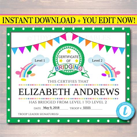 Editable Bridging Certificate Any Level Bridging Ceremony Etsy