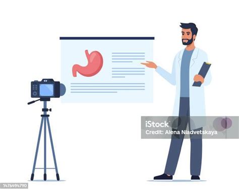 의사는 카메라에서 해부학에 대한 교육 강의를합니다 인간의 위장 인포그래픽을 제시하는 의사 온라인 의료 세미나 강의 의료 회의 개념 벡터 그림입니다 건강관리와 의술에 대한