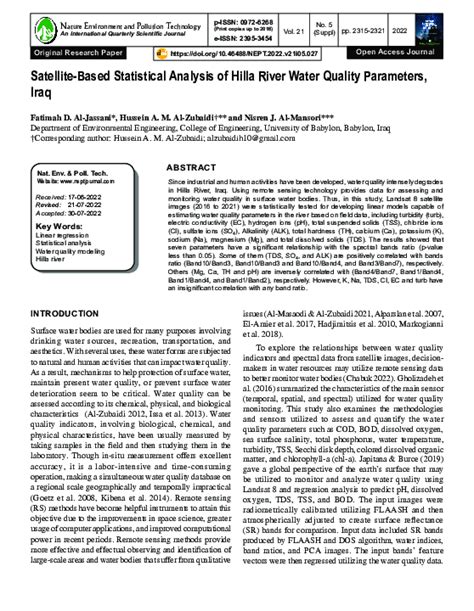 Pdf Satellite Based Statistical Analysis Of Hilla River Water Quality