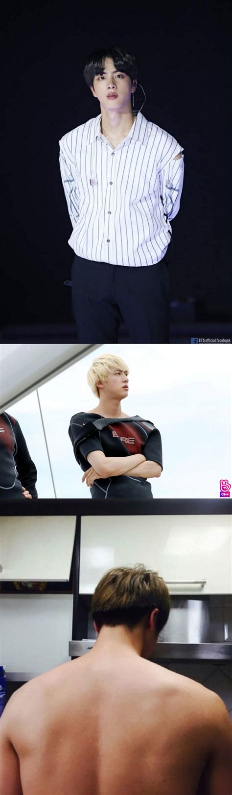 진이 착용하는 상의가 2xl로 사이즈코리아 대한민국 국민의 신체 사이즈들의 통계를 내는 기관 에 따른 대한민국 남자의 어깨 평균 사이즈보다 길어 진의 어깨가 독보적임을 알