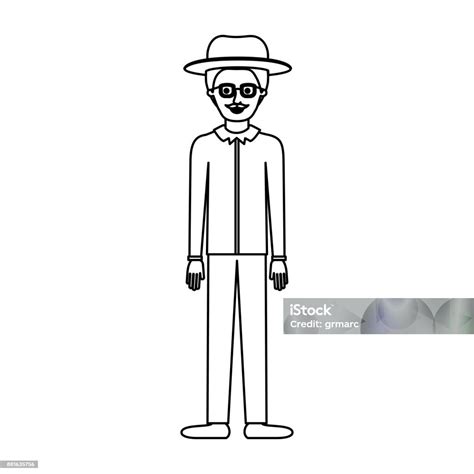 모자와 안경 및 셔츠와 바지와 신발 짧은 머리와 흑백 실루엣에 수염을 가진 남자 경영자에 대한 스톡 벡터 아트 및 기타 이미지