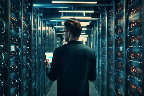 Premium Ai Image A Man With A Tablet Checks The Server Room Concept