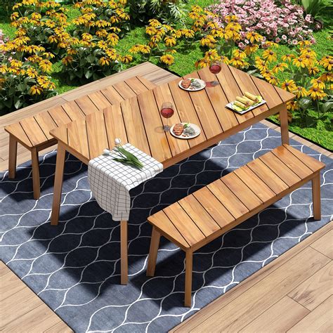 Algherohein 3 Piece Wood Patio Dining Set With 2 Benches Outdoor