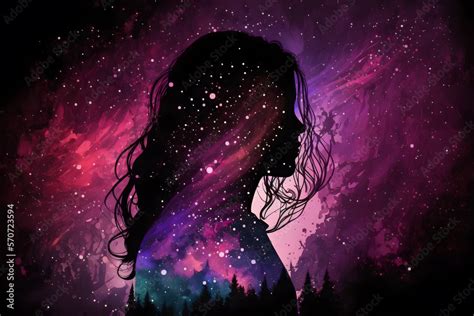 Space Purple Background Silhouette Of A Girl With Galaxy On The
