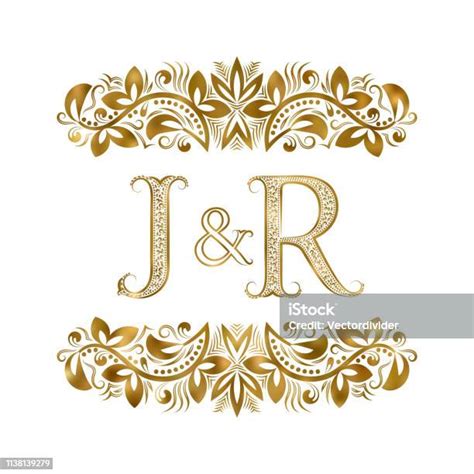 J 및 R 빈티지 이니셜 기호입니다 문자는 장식 요소에 둘러싸여 있습니다 결혼식 또는 비즈니스 파트너 로얄 스타일의 모노 그램 고풍스런에 대한 스톡 벡터 아트 및 기타