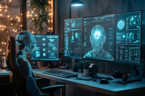 futuristic workspace with an artificial intelligence figure analyzing