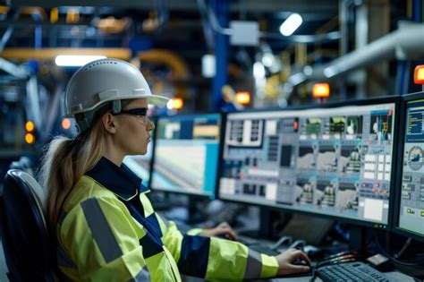 Woman In Industrial Control Room Wearing Safety Gear While Monitoring Multiple Screens Hightech