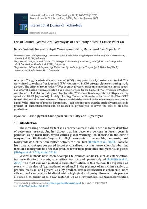 PDF Use Of Crude Glycerol For Glycerolysis Of Free Fatty Acids In Crude Palm Oil
