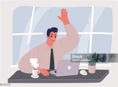 젊은 남자가 손을 흔들며 노트북 인사 또는 작별 인사를 하는 벡터 그림입니다 환영하는 제스처를 가진 만화 남성 캐릭터 개념에