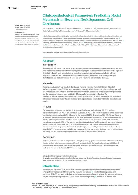 Pdf Clinicopathological Parameters Predicting Nodal Metastasis In Head And Neck Squamous Cell