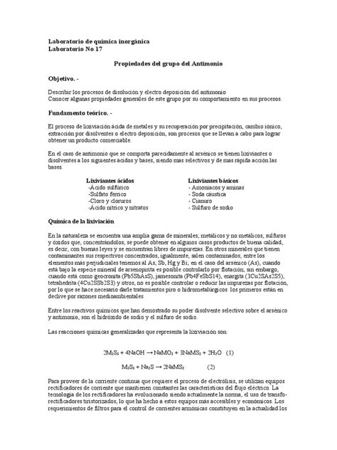 Lab 17 Propiedades Del Antimonio Pdf Arsénico Cobre