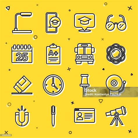 라인 망원경 울리는 알람 벨 원자 졸업 모자 말풍선 플러스 그레이드가있는 시험 시트 달력 테이블 램프 및 스쿨 버스 아이콘을 설정합니다 벡터 검은색에 대한 스톡 벡터 아트