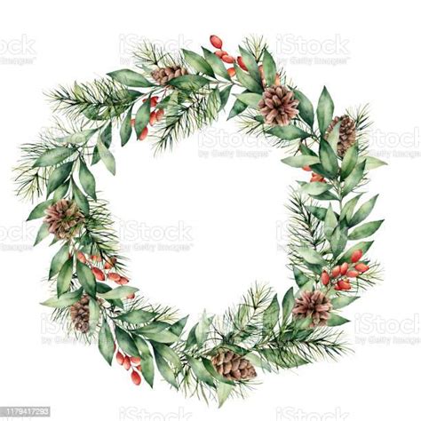 열매 소나무 콘과 나무 가지와 수채화 크리스마스 화환 흰색 배경에 고립 된 유칼립투스 잎손으로 전나무 테두리를 그린 디자인 인쇄 배경에 대한 꽃 그림 화관에 대한 스톡 벡터