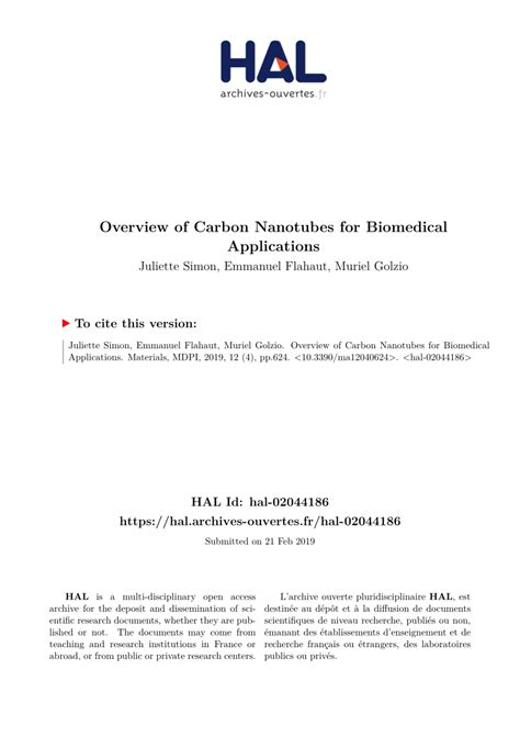 Pdf Overview Of Carbon Nanotubes For Biomedical Applications