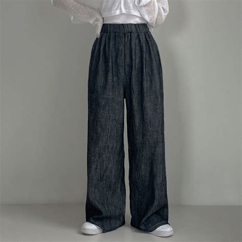 [힙한핏 얇은소재] 가볍고 시원한 여름 썸머 린넨 생지 데님 하이웨스트 통와이드 밴딩 팬츠]린넨데님팬츠 에이블리