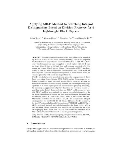 Pdf Applying Milp Method To Searching Integral Distinguishers
