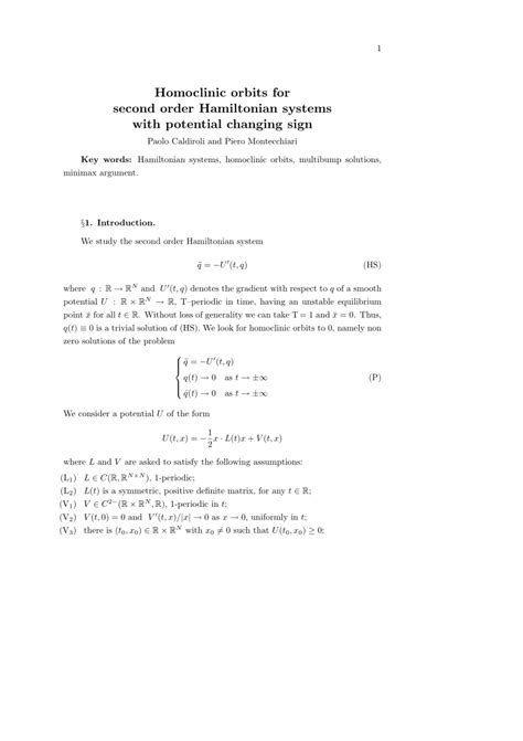 Pdf Homoclinic Orbits For Second Order Hamiltonian Systems With