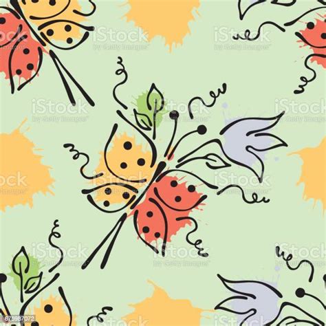 나비 꽃 잎 장식 요소 얼룩 오 점 벡터 원활한 꽃 패턴 드롭 손으로 그린 등고선 및 스트로크 낙서 스케치 스타일 그래픽 벡터