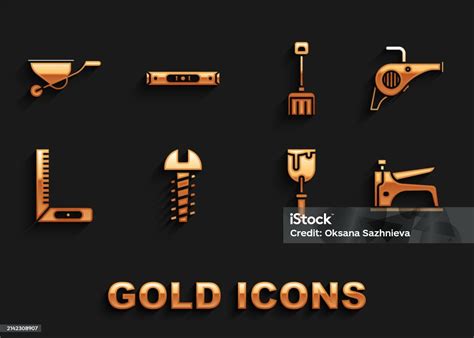 금속 나사 잎 정원 송풍기 건설 스테이플러 퍼티 나이프 코너 통치자 눈 삽 수레 및 거품 수준 아이콘을 설정합니다 벡터 각도에 대한 스톡 벡터 아트 및 기타 이미지 Istock