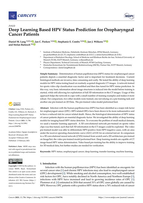 Pdf Deep Learning Based Hpv Status Prediction For Oropharyngeal