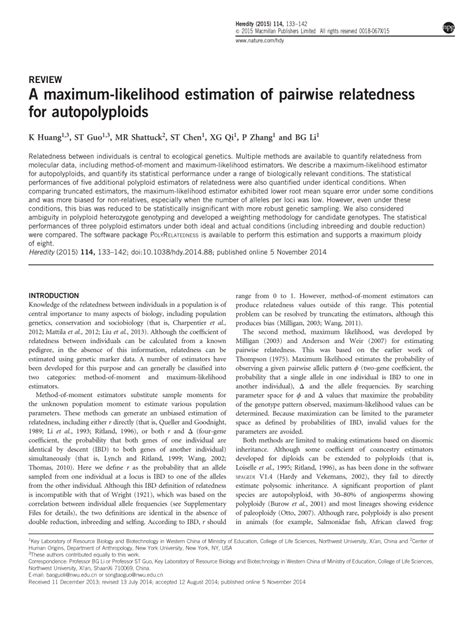 Pdf A Maximum Likelihood Estimation Of Pairwise Relatedness For Autopolyploids