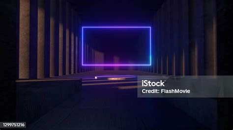 돌 콘크리트 박물관의 중간에 밝은 네온 프레임 공간을 복사합니다 현대 빛 스펙트럼 건축 네온 애니메이션 배경 3d 일러스트레이션 초현대적에 대한 스톡 사진 및 기타 이미지