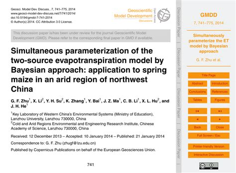 Pdf Simultaneous Parameterization Of The Two Source Evapotranspiration Model By Bayesian