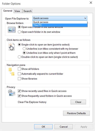 Open File Explorer To This Pc Instead Of Quick Access In Windows
