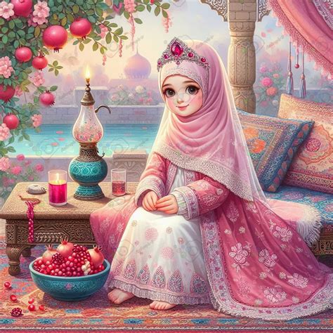 بک گراند کودکانه دختر کوچولوی ناز با حجاب نشسته روی تخت چوبی با چیدمان