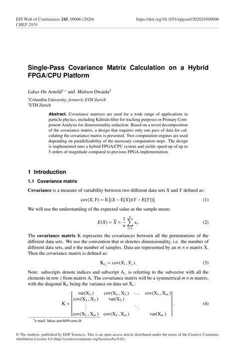 Pdf Single Pass Covariance Matrix Calculation On A Hybrid Fpgacpu