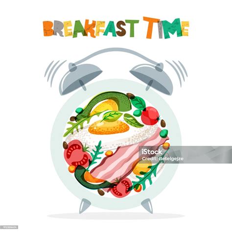 아침 식사 메뉴 벡터 디자인입니다 튀긴 계란 베이컨 아보카도 알람 시계와 함께 접시에 토마토 아침 식사 시간 개념입니다 낙서 드로잉에 대한 스톡 벡터 아트 및 기타 이미지
