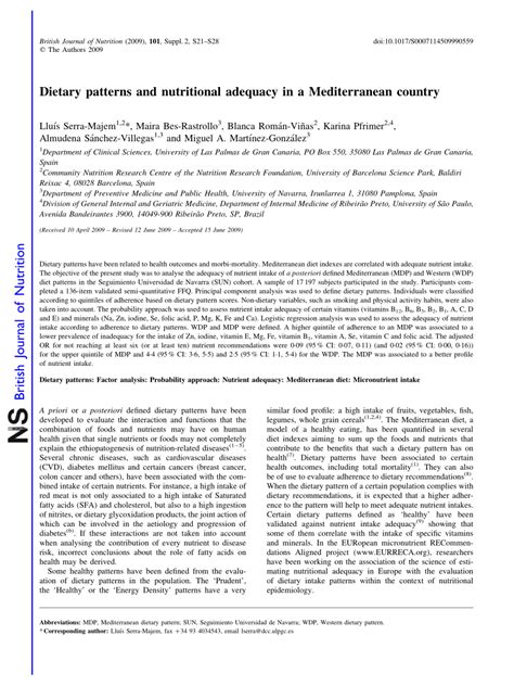 Pdf Dietary Patterns And Nutritional Adequacy In A Mediterranean Country